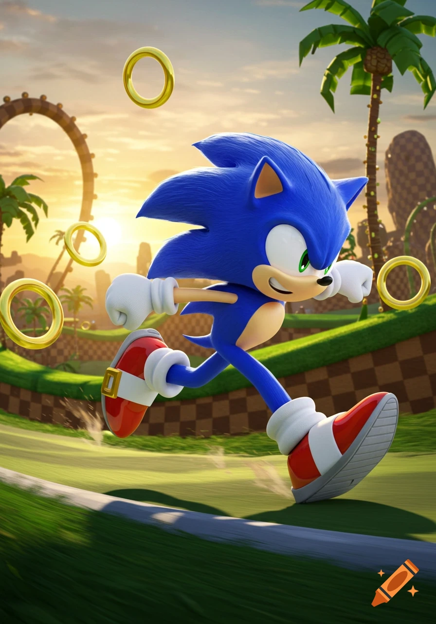 A vibrant 3D render of Sonic the Hedgehog running at high speed through ...