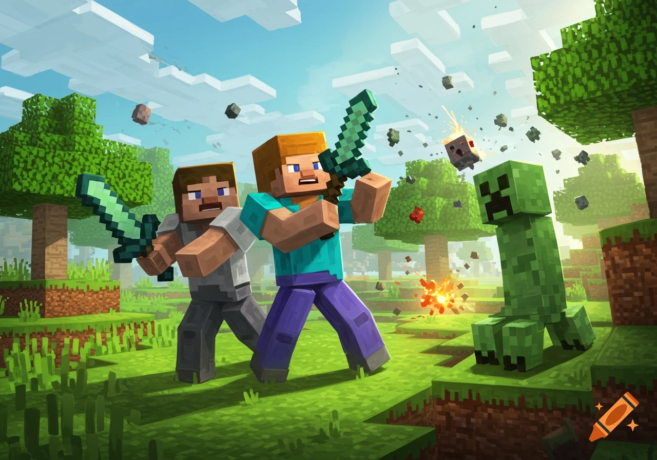 Steve and another player character fight a Creeper with swords in a ...