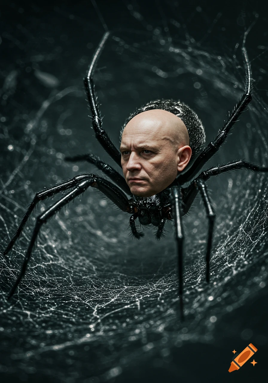 A close-up photorealistic image of a black widow spider with a bald man ...