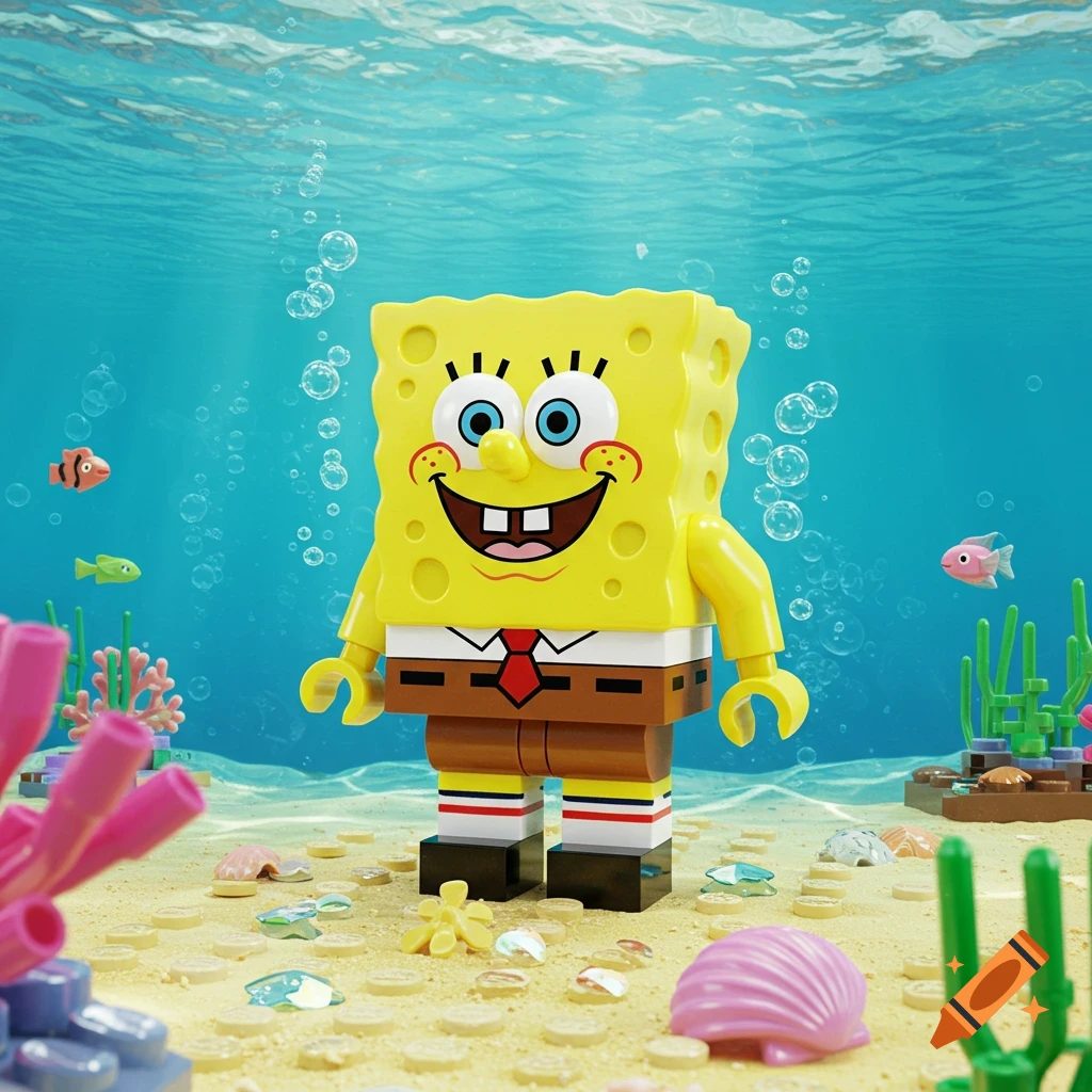 A Lego Spongebob Squarepants minifigure stands on the sandy ocean floor ...
