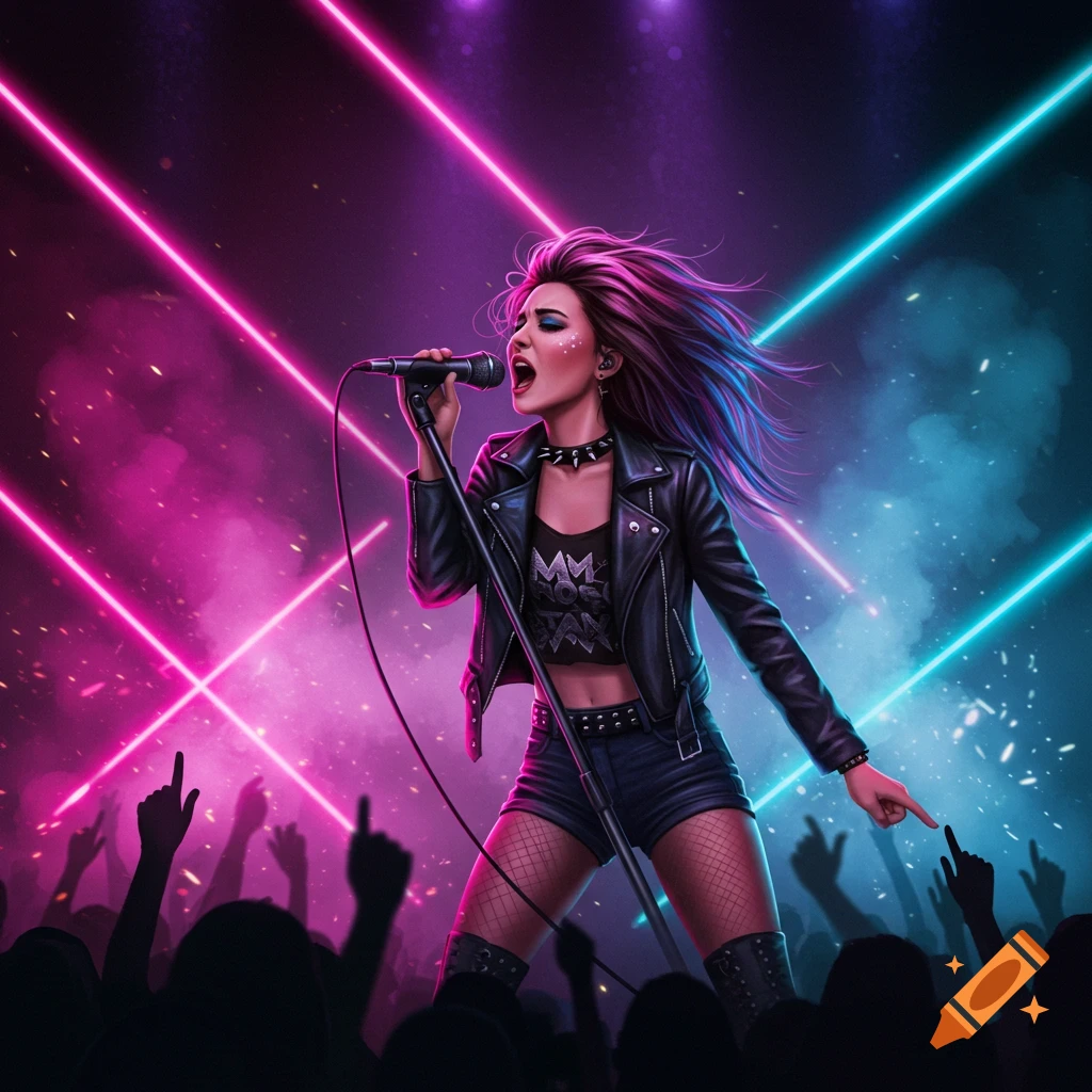 A female rock star in a black tank top and shorts sings barefoot on ...