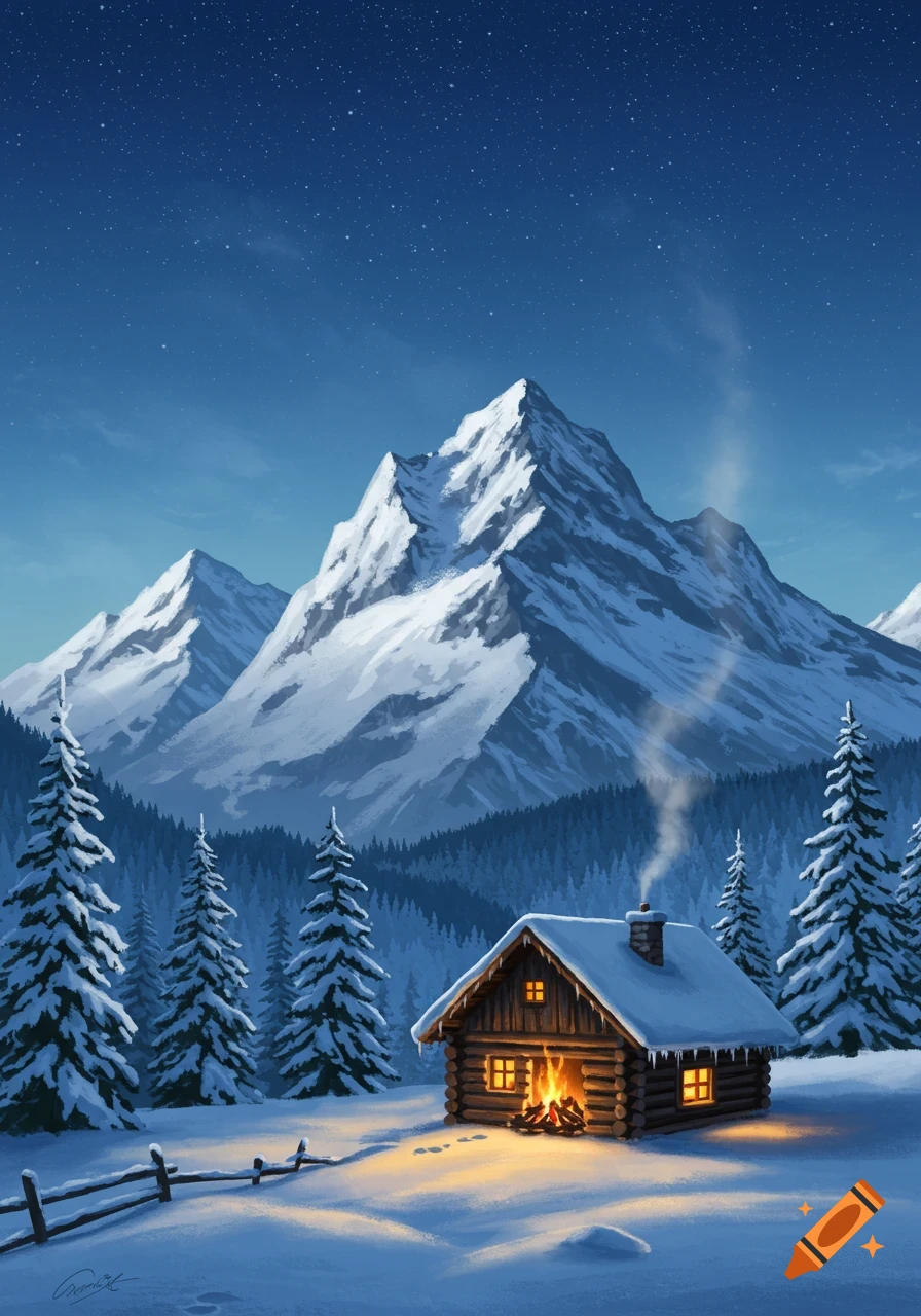 Colorful fireworks illuminate a snowy mountain valley with glowing ...