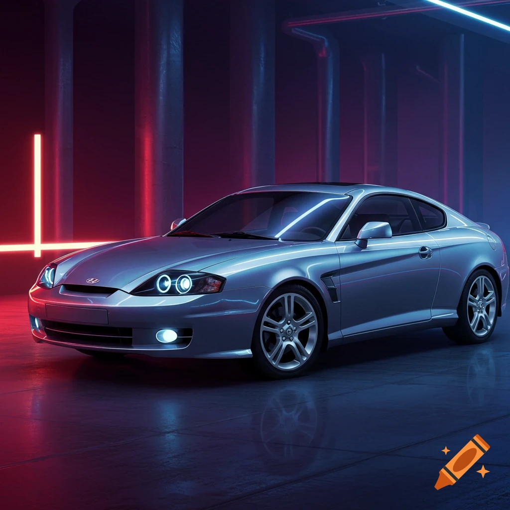 A silver Hyundai Tiburon coupe parked in a dark, neon-lit garage with ...