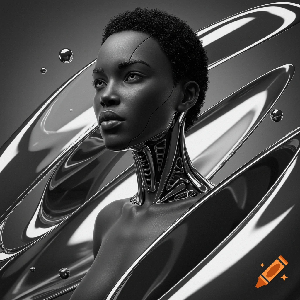 Monochrome portrait of a futuristic Black woman with cybernetic neck in ...