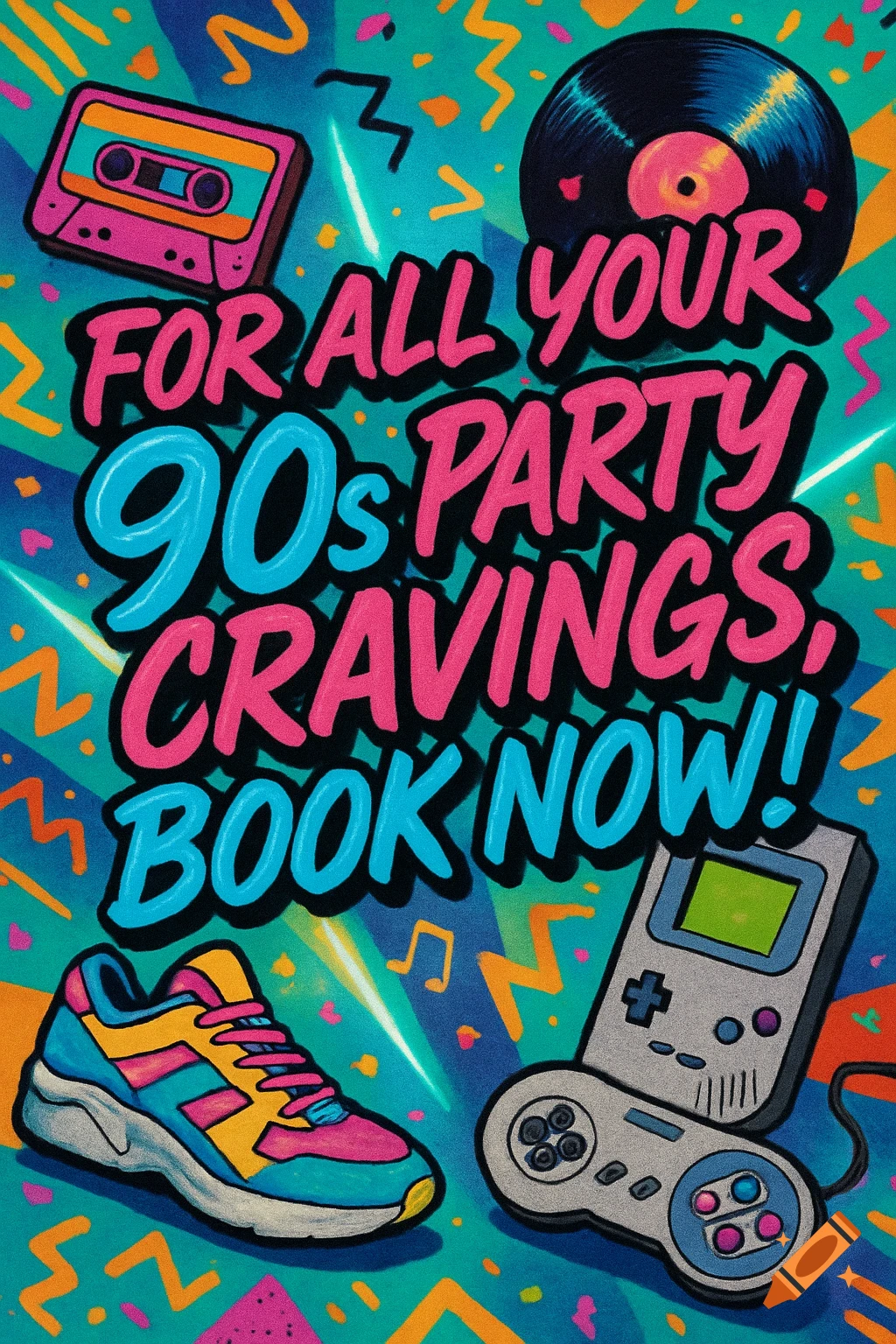 Vibrant 90s-themed poster with text 'FOR ALL YOUR 90s PARTY CRAVINGS ...