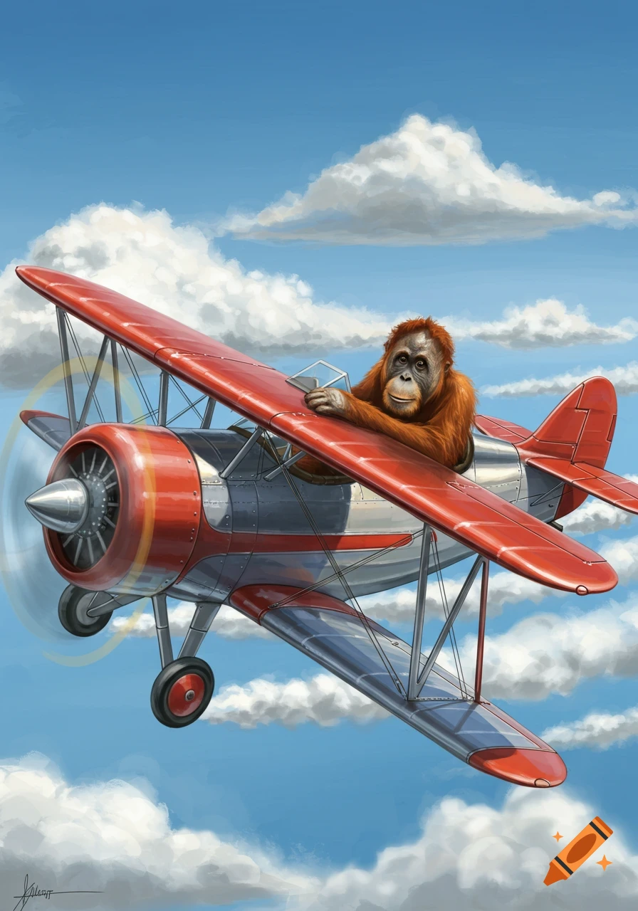 A friendly orangutan pilots a red and silver biplane through a cloudy ...