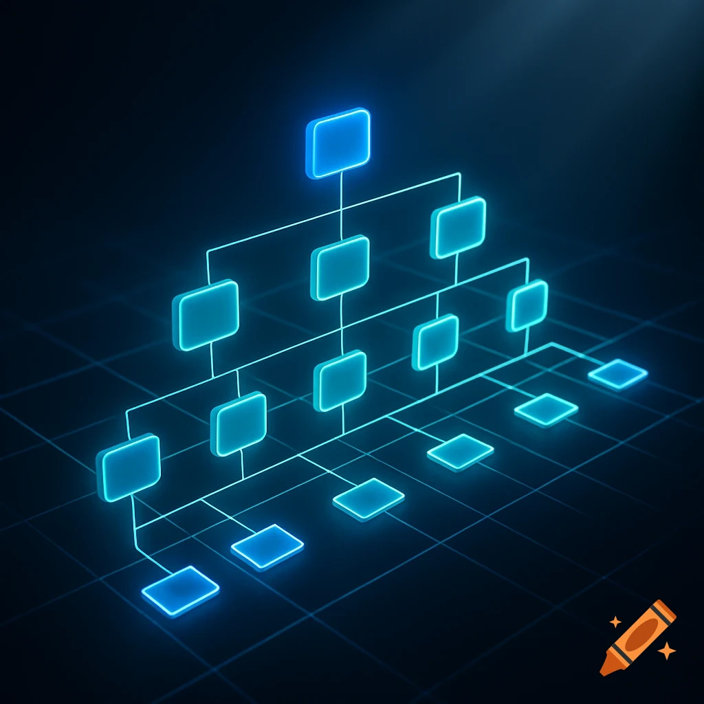 Blue glowing hierarchical diagram or sitemap on a dark grid background, representing data ...