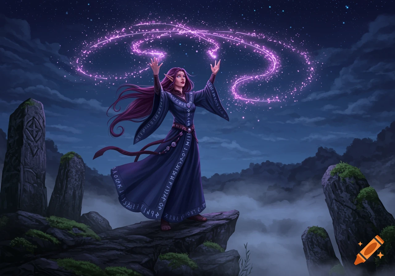 A purple-haired witch stands on a rocky cliff at night, casting a spell ...