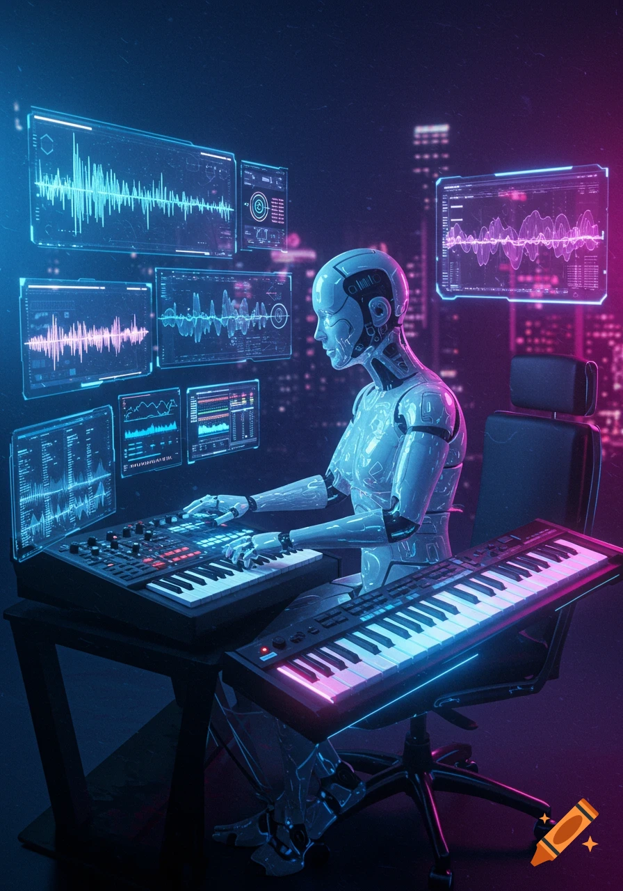 Two electric guitars, one exploding into shards, against a neon city ...