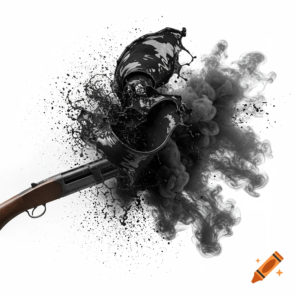 Abstract image of a shotgun barrel from which black paint and smoke ...