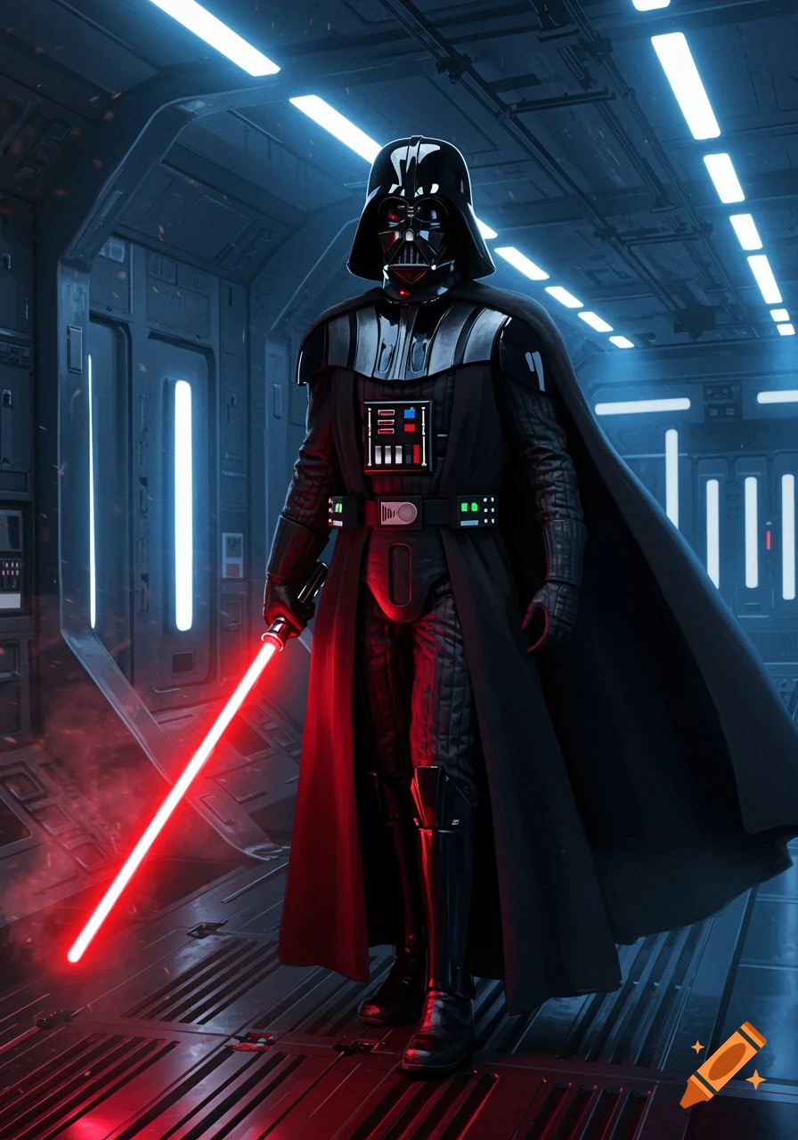 Darth Vader stands in a spaceship corridor holding a red lightsaber ...