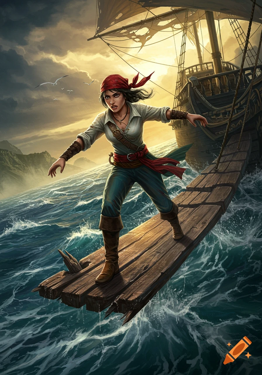 A determined female pirate wearing a Star of David necklace stands on a ...