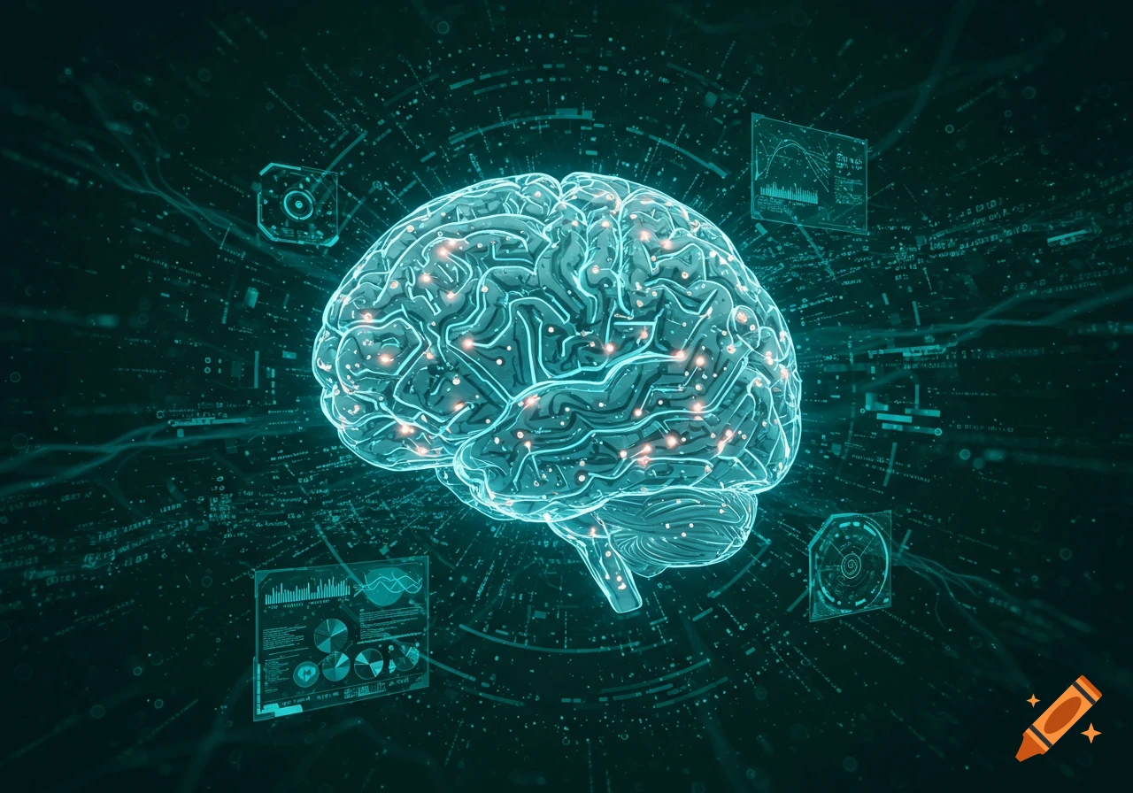 A glowing, futuristic human brain rendered with circuit-like patterns and data streams on a dark ...