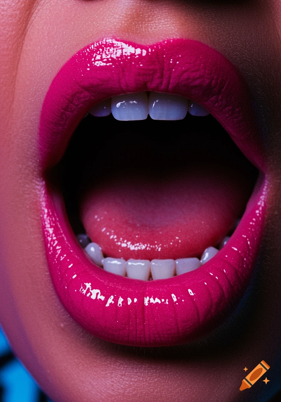 A close-up of a woman's mouth wide open, screaming, wearing bright pink ...