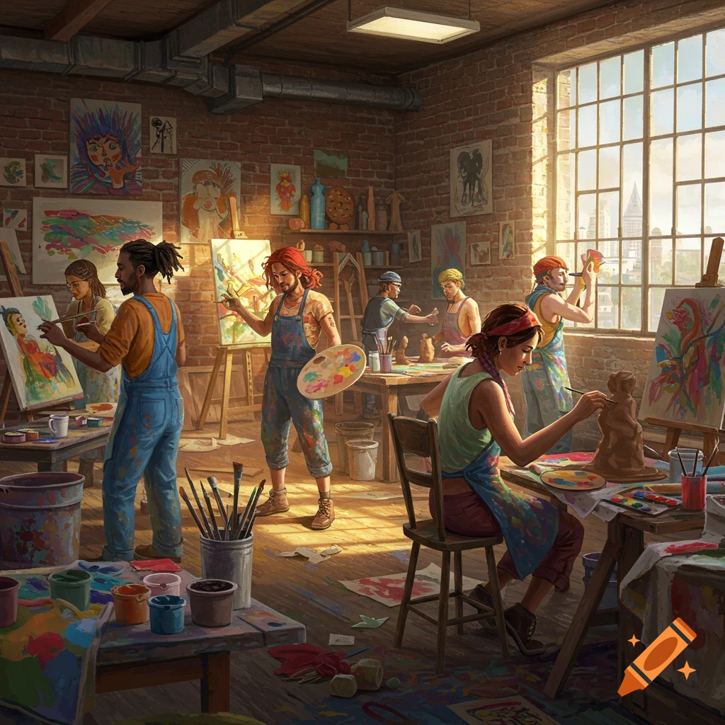 A group of artists painting outdoors in a vibrant, Fauvist style garden ...