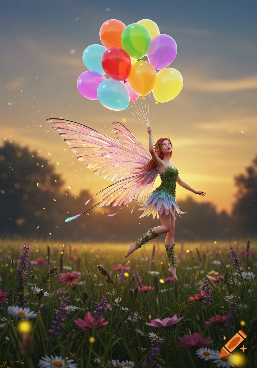A beautiful fairy with large, colorful wings floats above a wildflower ...