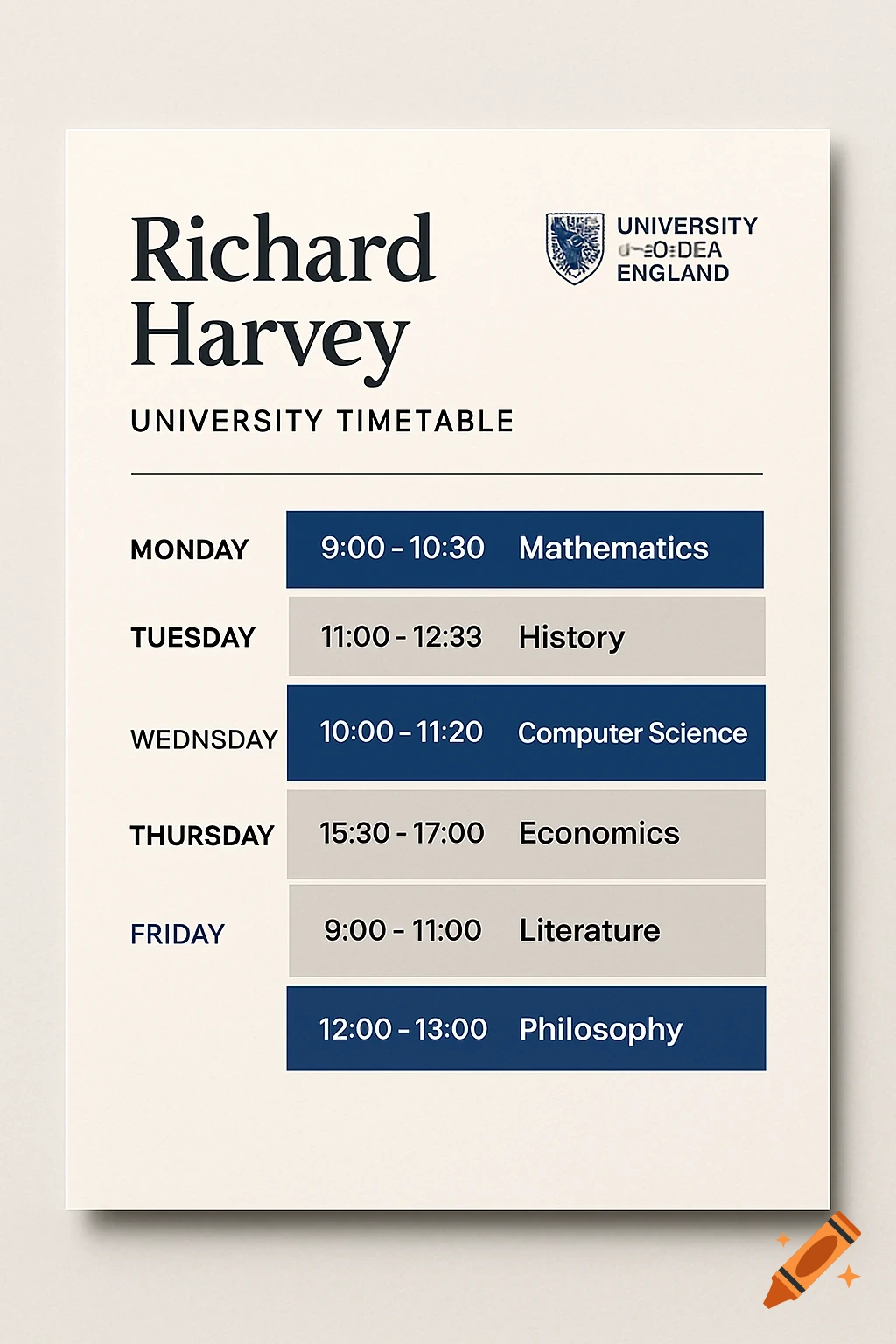 A university timetable for Richard Harvey, listing daily classes and ...