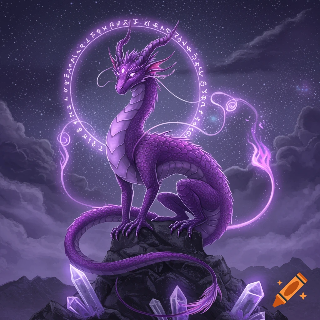 A majestic purple psychic dragon sits atop a rocky peak under a starry ...