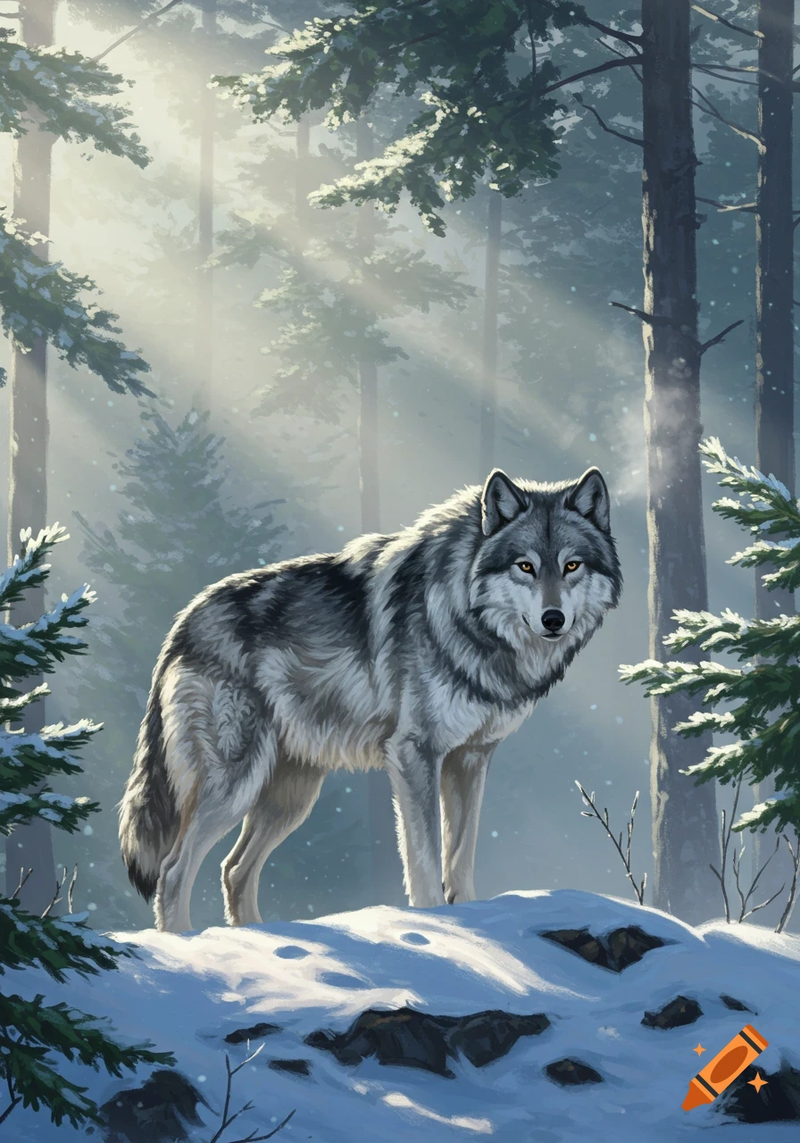 A majestic grayish wolf stands in a snow-covered forest, illuminated by ...