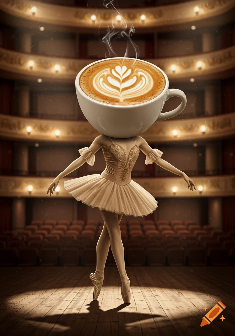 Photorealistic image of a ballerina with a cappuccino cup for a head ...