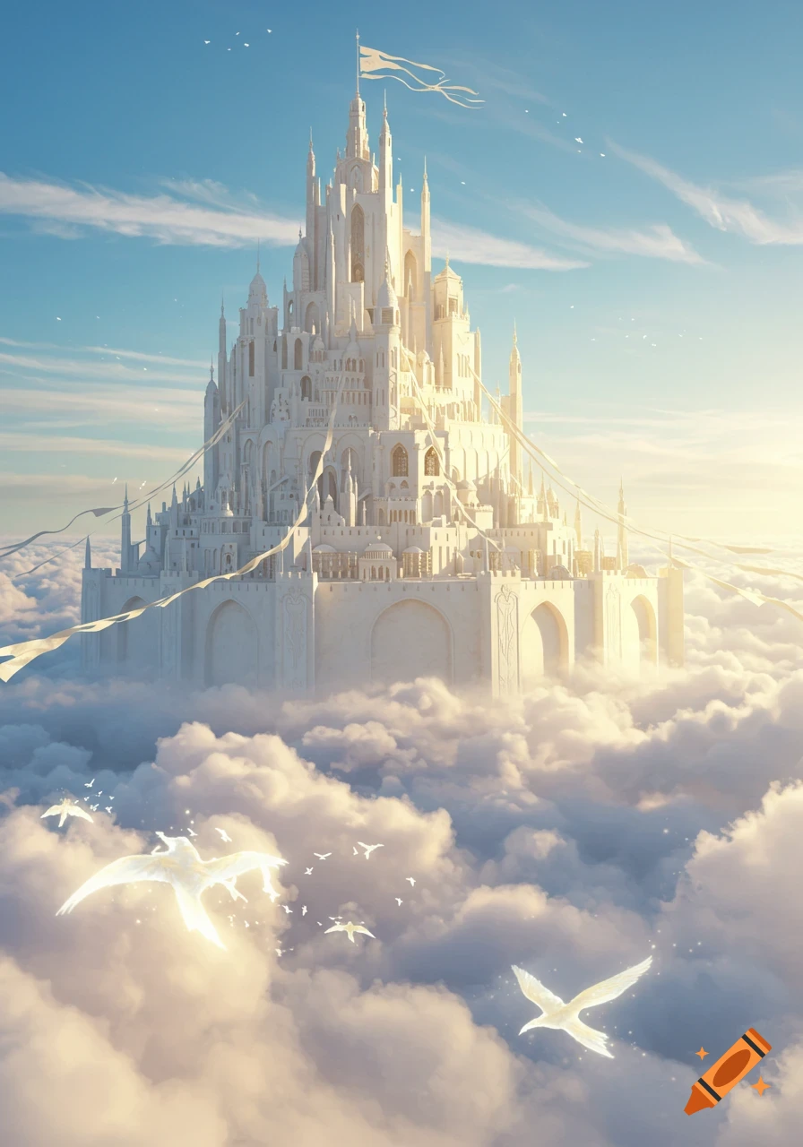 Majestic fantasy castle on a floating island with waterfalls, dragons ...