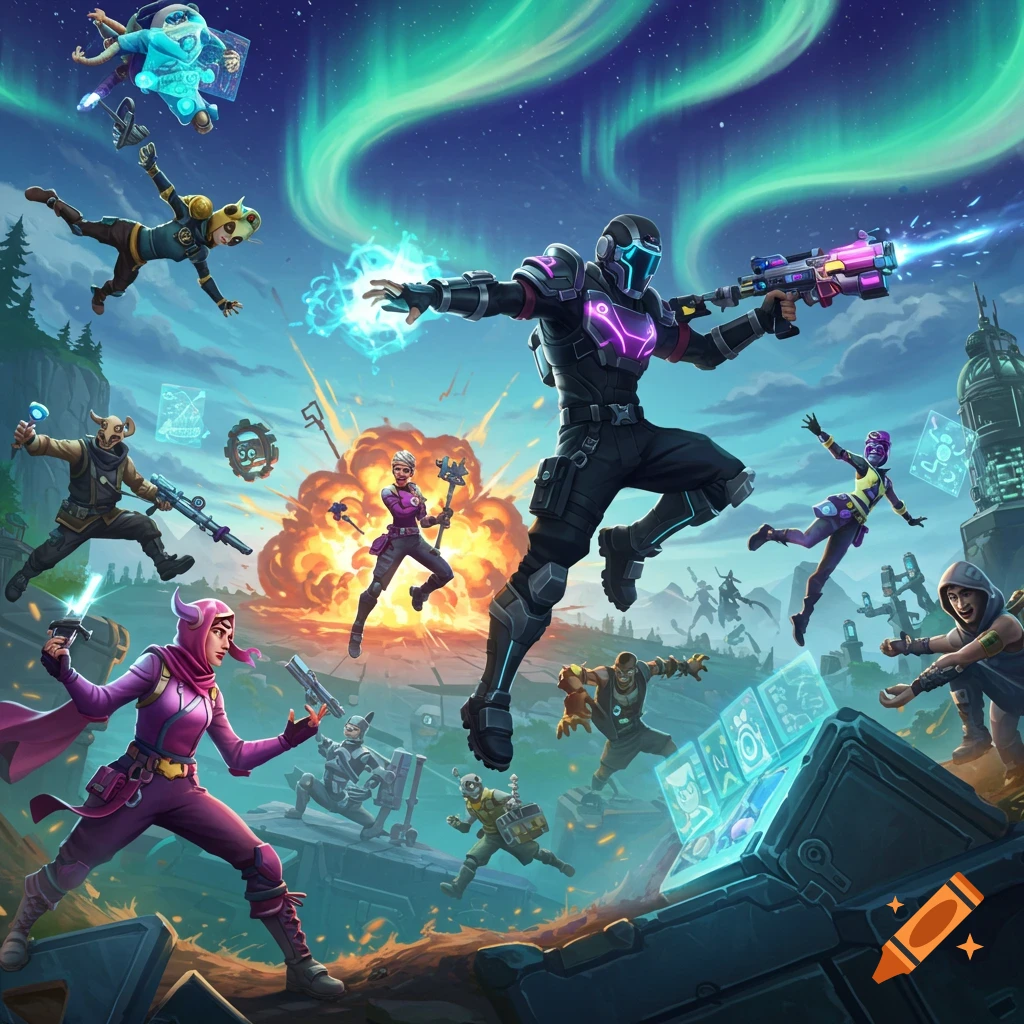 Multiple stylized characters engage in a dynamic battle scene, wielding ...