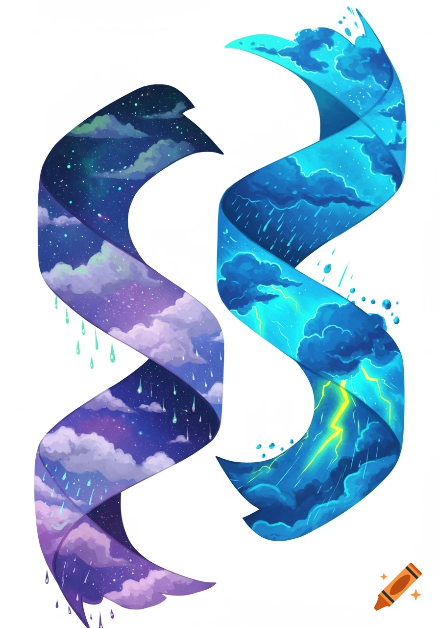 Two stylized, wavy ribbons intertwine vertically, one with a starry ...