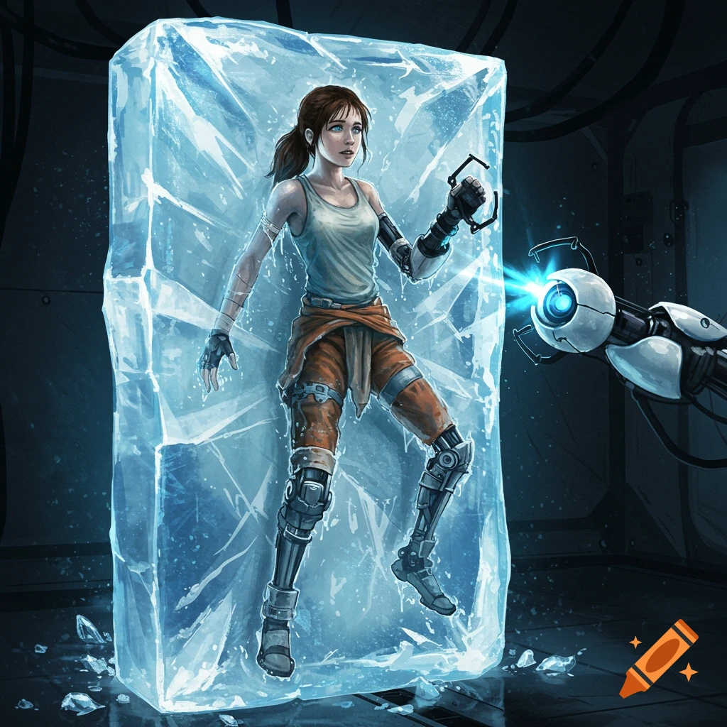 Chell from Portal, frozen in a large block of ice, looks out while a robotic arm points a freeze ...