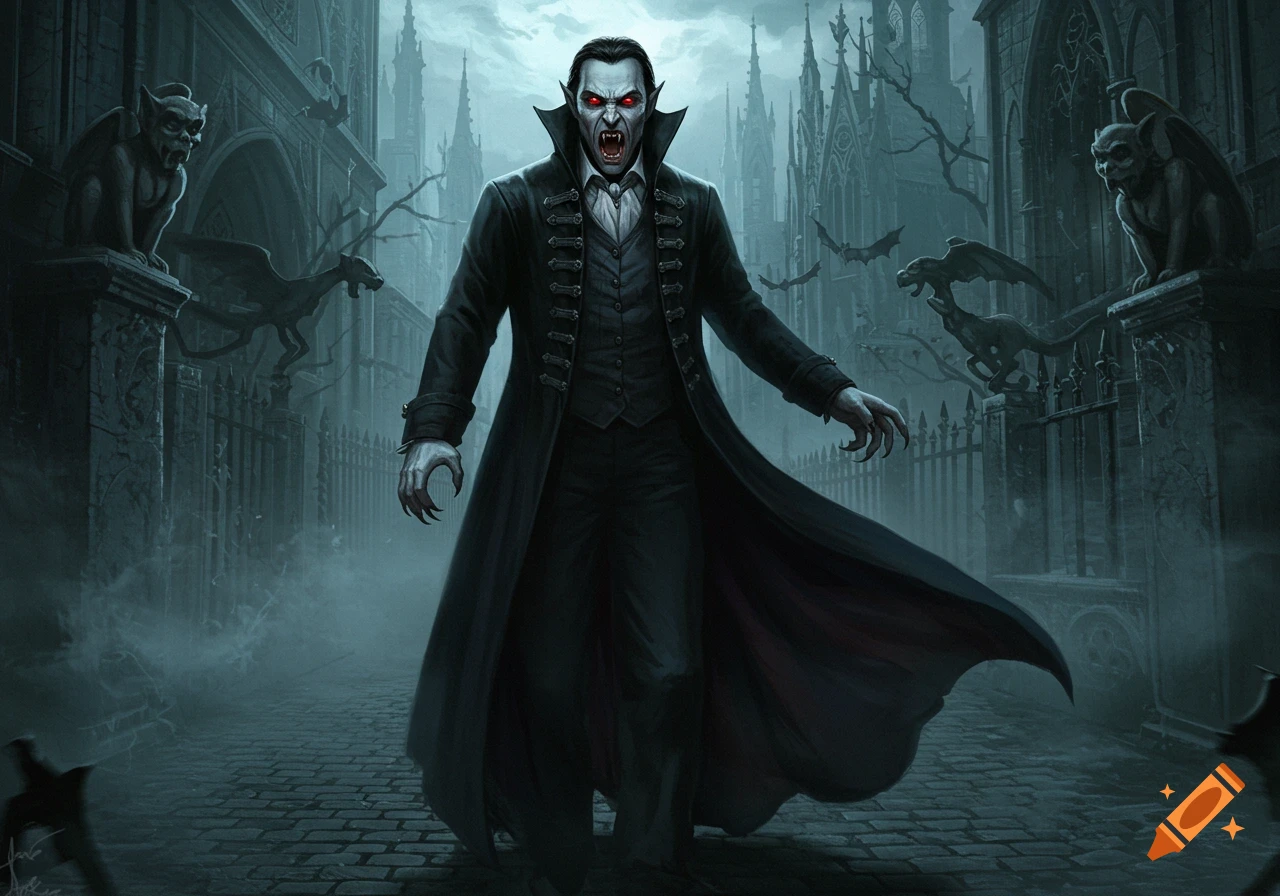 Dracula on a throne and Dobby standing beside him in a gothic church ...