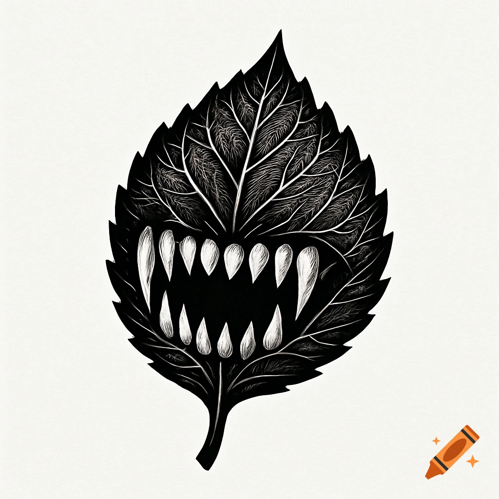 A black and white illustration of a leaf with sharp vampire teeth ...
