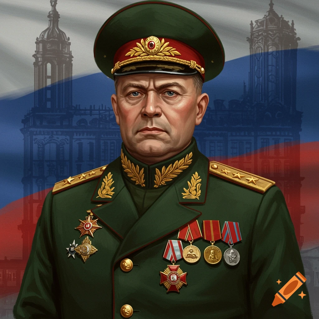 A stern man in a dark green Russian military uniform adorned with ...