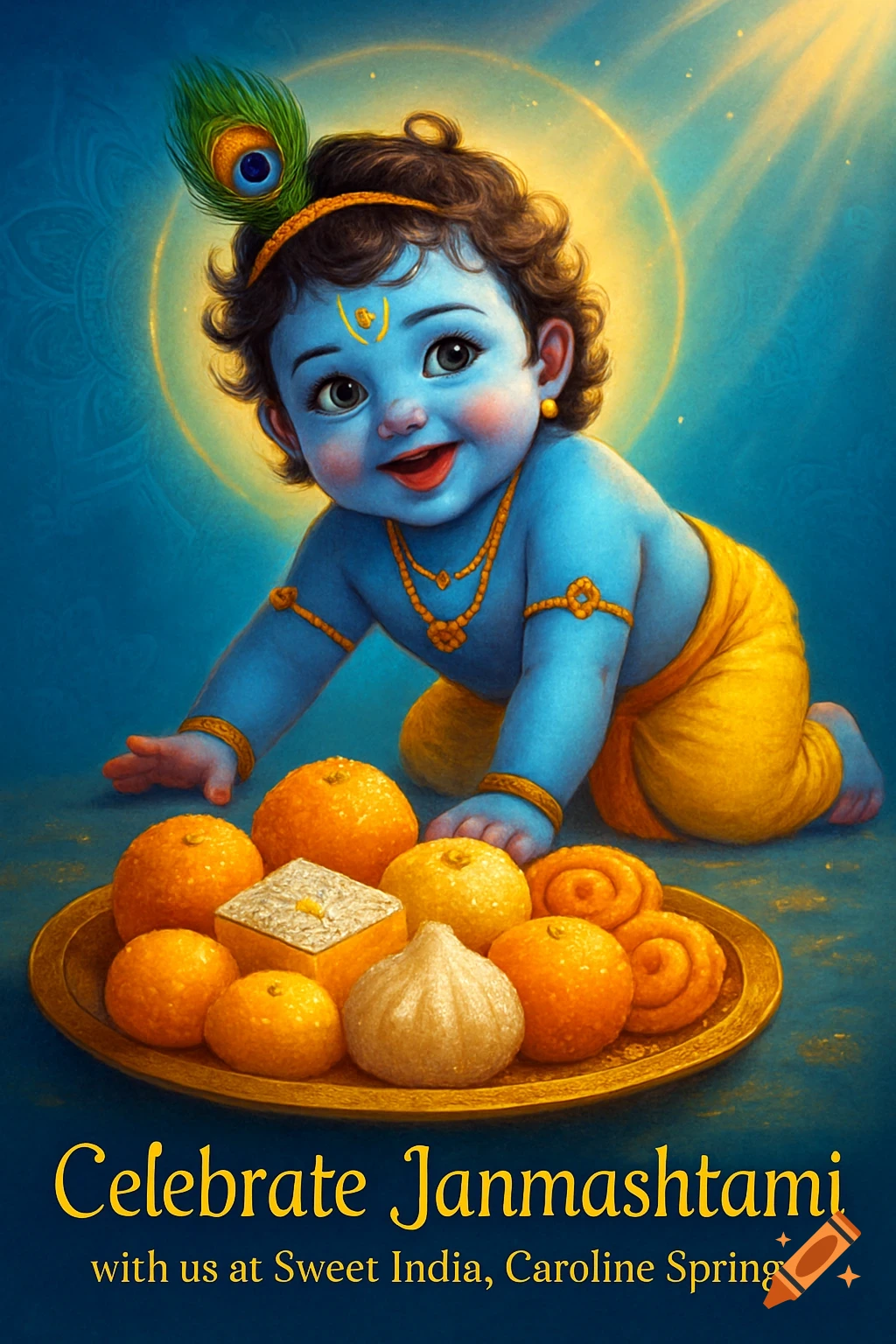 Blue-skinned Lord Krishna meditating in a lotus pose on water with pink ...