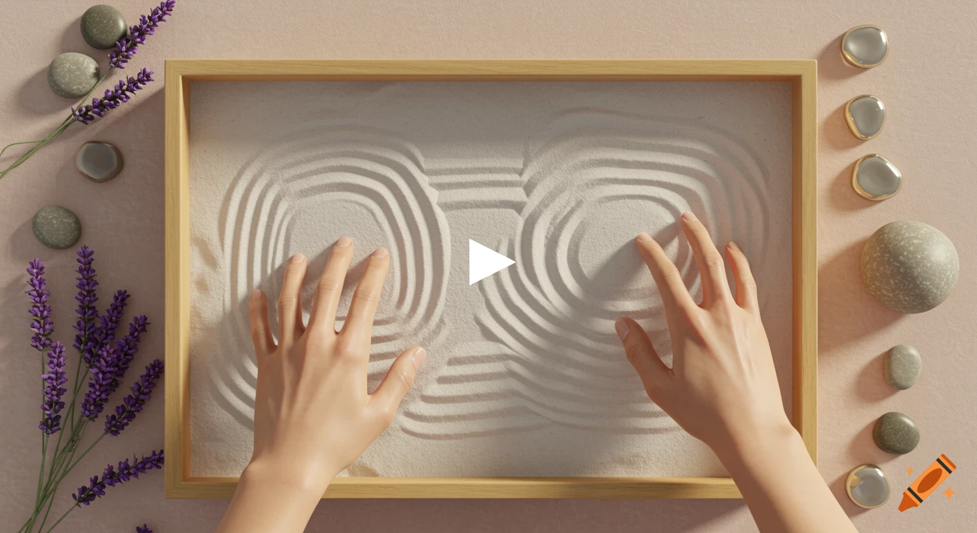 Hands raking patterns in a zen garden sand tray with lavender, stones ...