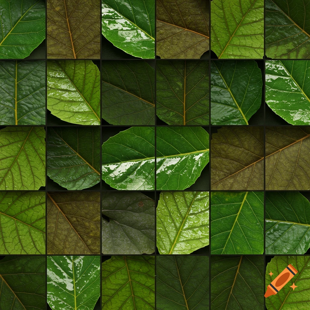 A grid of diverse leaves in shades of green and brown, some wet and ...