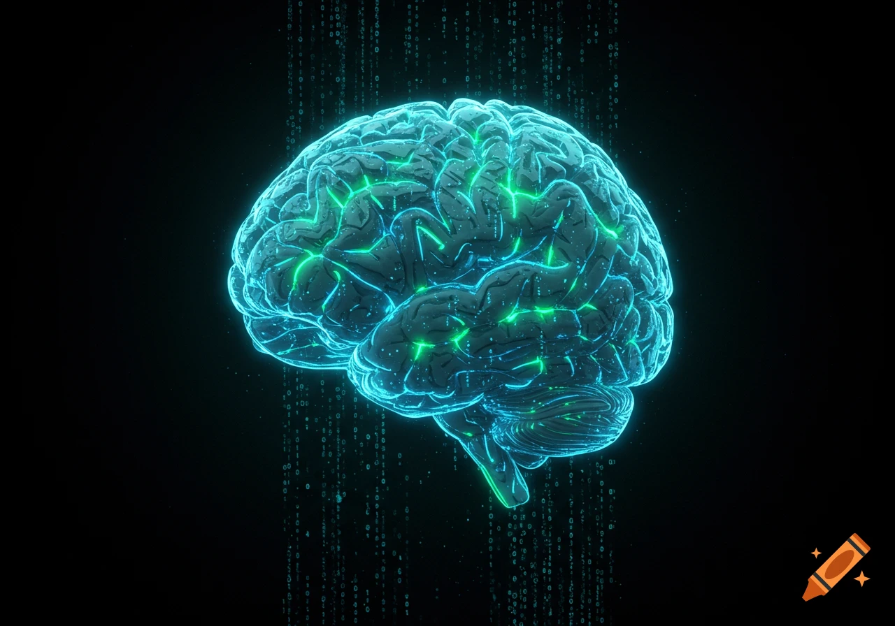 A stylized glowing human brain with roots, crackling with red and blue energy in a dark, fiery ...