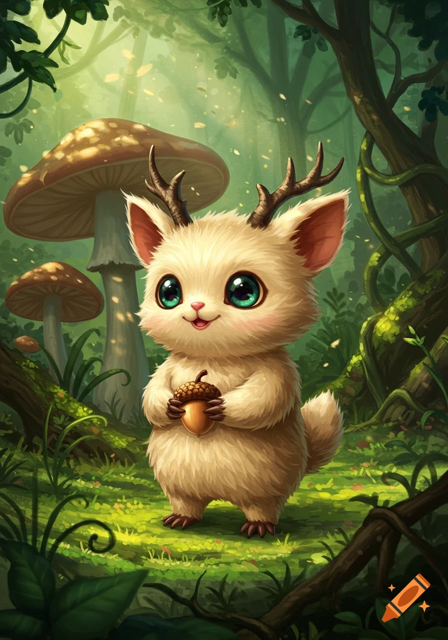 A fluffy, light-colored creature with large green eyes and small ...