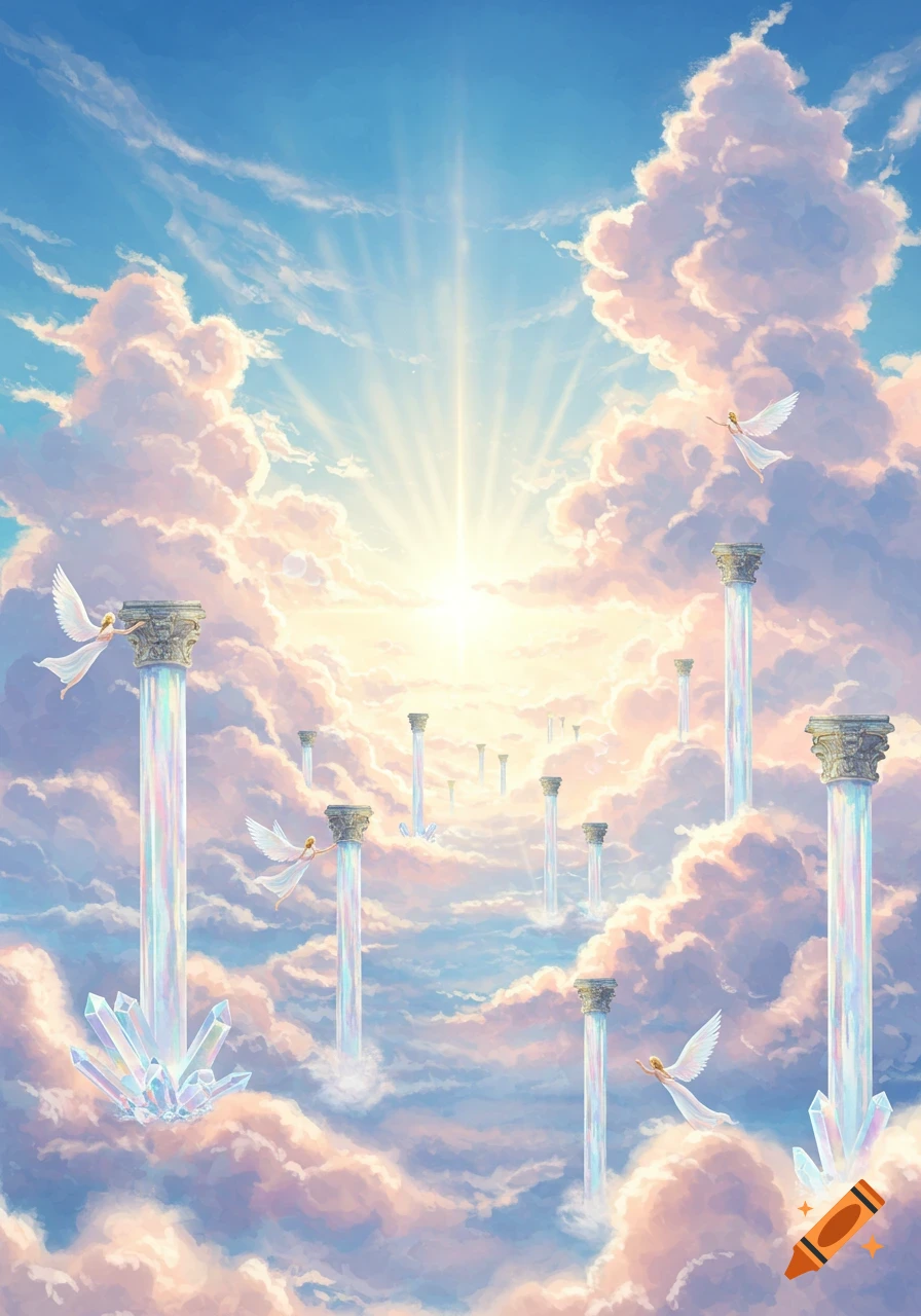 Bright, ethereal sky scene with fluffy clouds, glowing light ...