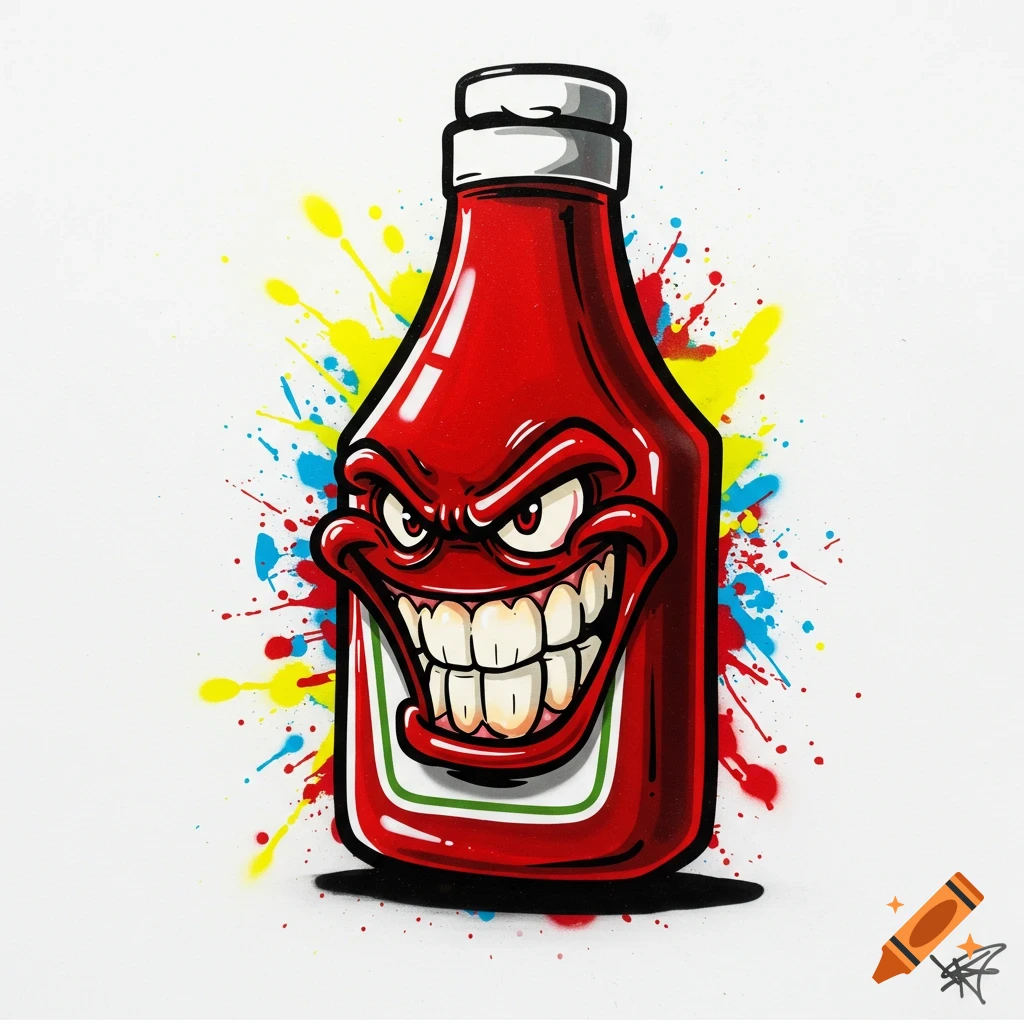 A cartoon-style ketchup bottle with an angry, grinning face and sharp ...