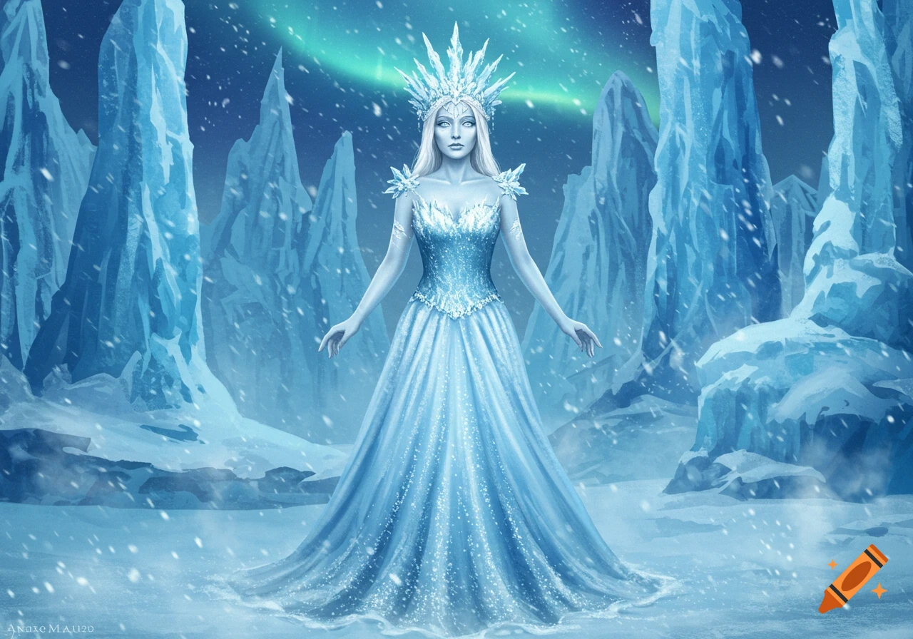 An illustration of a blonde woman in a blue gown with an ice cape ...