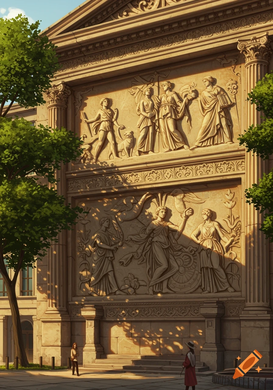 A grand classical stone building facade with intricate bas-reliefs ...