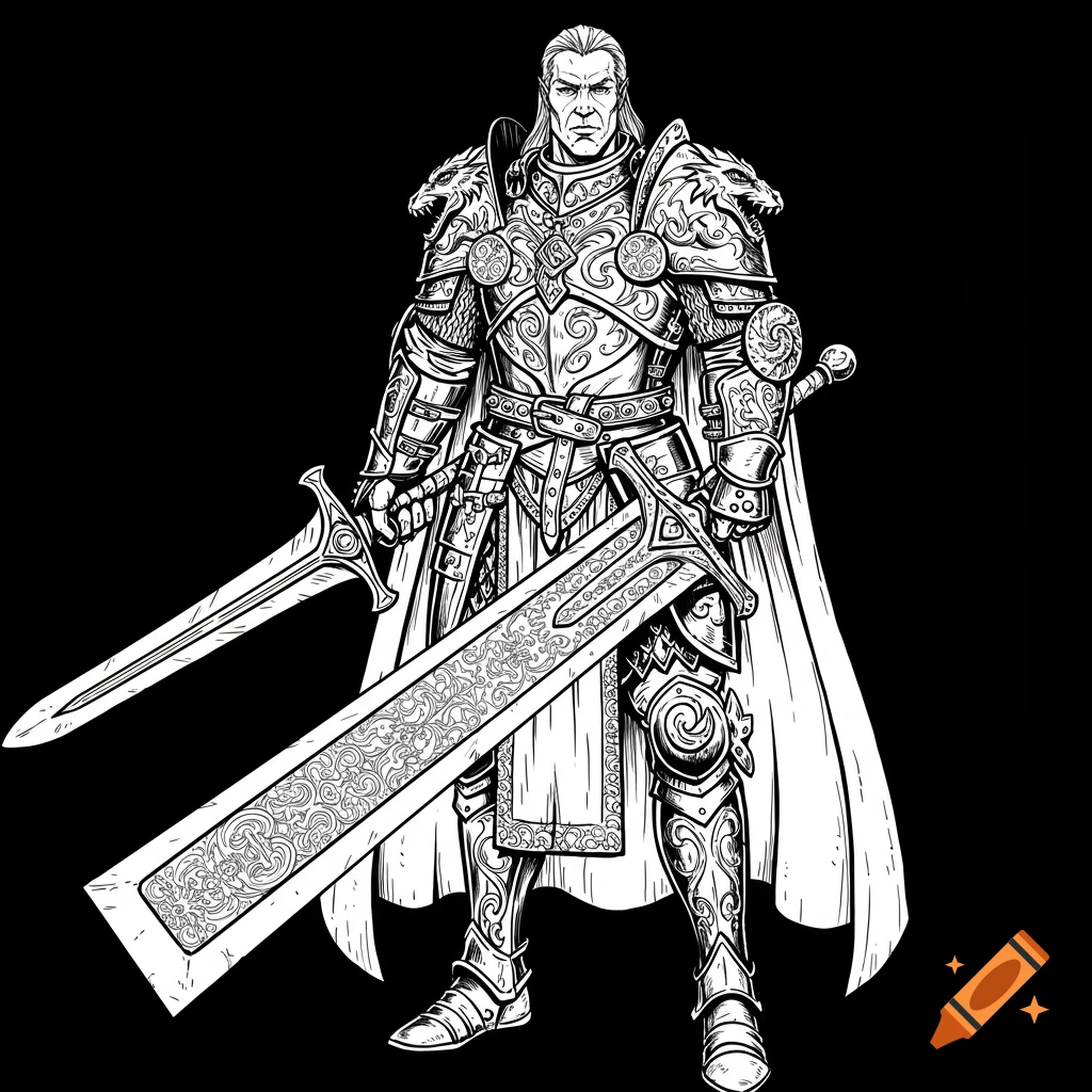 A male warrior in ornate armor and a cape, holding two swords, stands ...