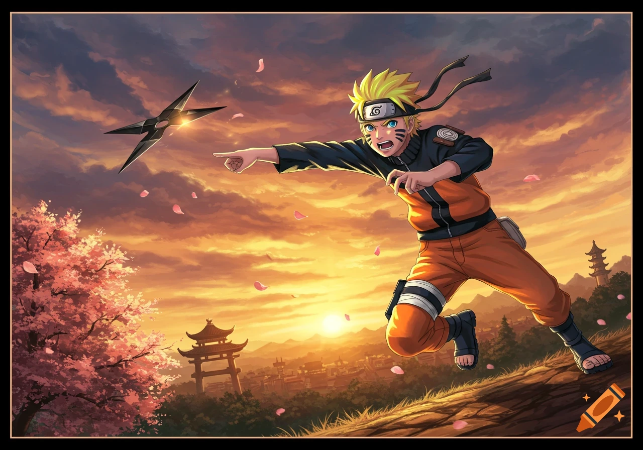 Anime illustration of Naruto running and throwing a shuriken at sunset ...