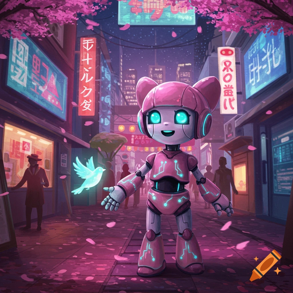 A pink robot girl with cat ears and glowing blue eyes stands in a ...