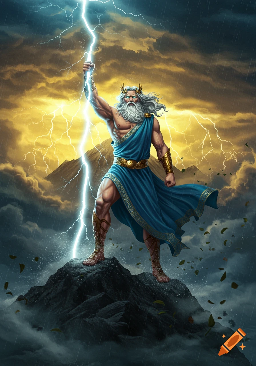 Zeus, king of the gods, stands atop a stormy mountain, raising a lightning bolt to the sky. on ...