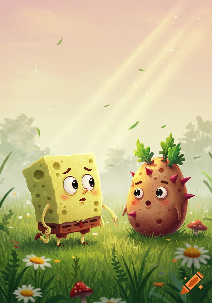 A stylized SpongeBob SquarePants with human features looks surprised at ...