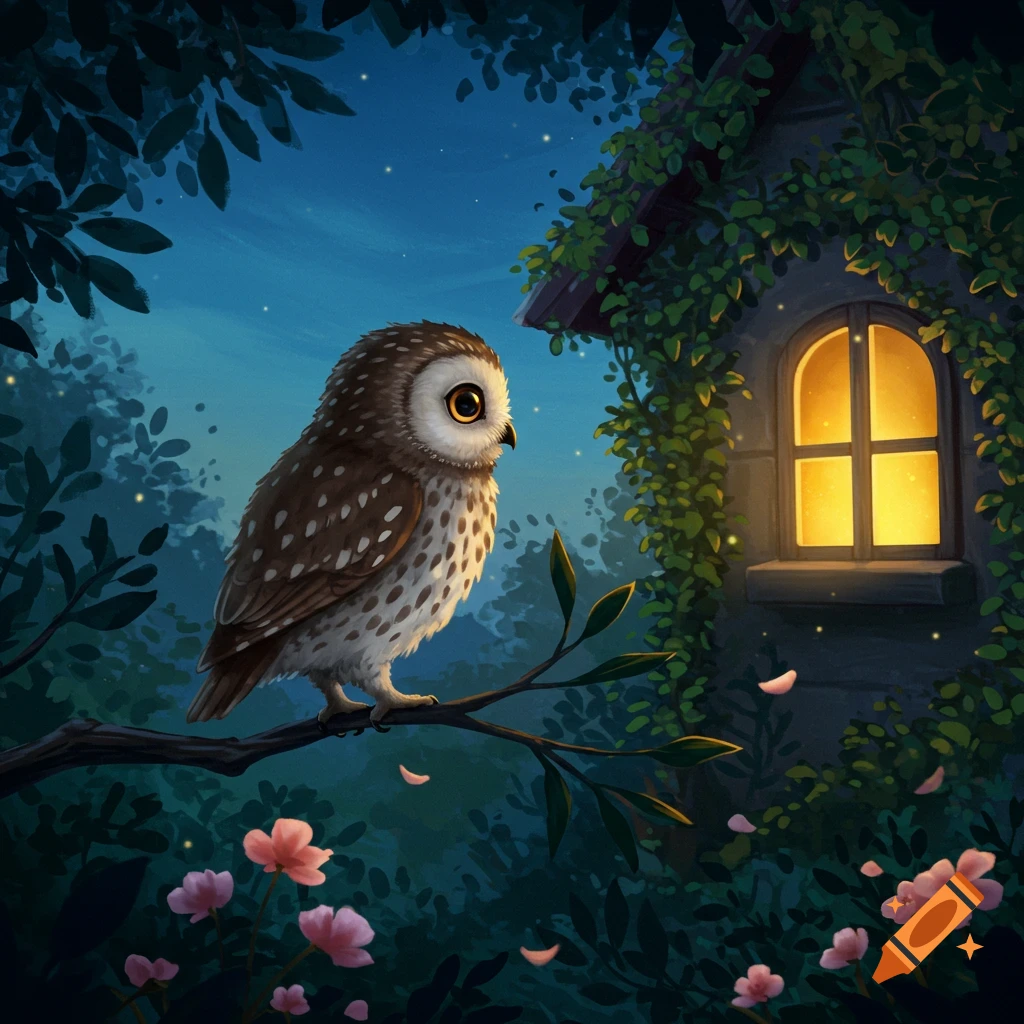 A cute cartoon owl perched on a branch at night, looking at a cozy ...