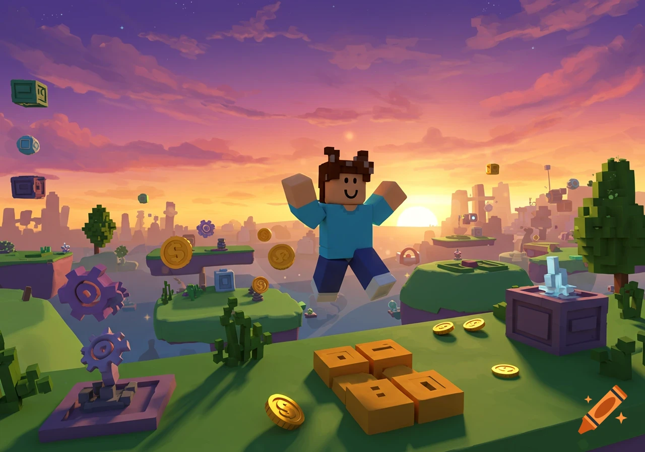 A stylized Roblox noob avatar runs across a green field from numerous ...