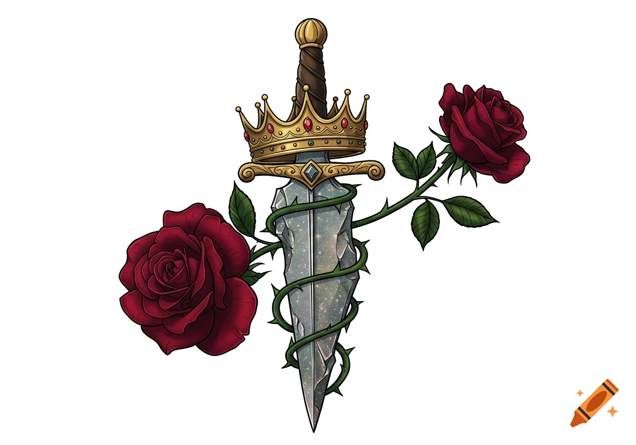 A stylized gold-crowned dagger with a glittery stone blade, entwined by ...