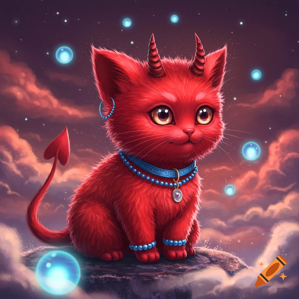 A fluffy red demon kitten with horns, a devil tail, and blue beaded collar and bracelets ...