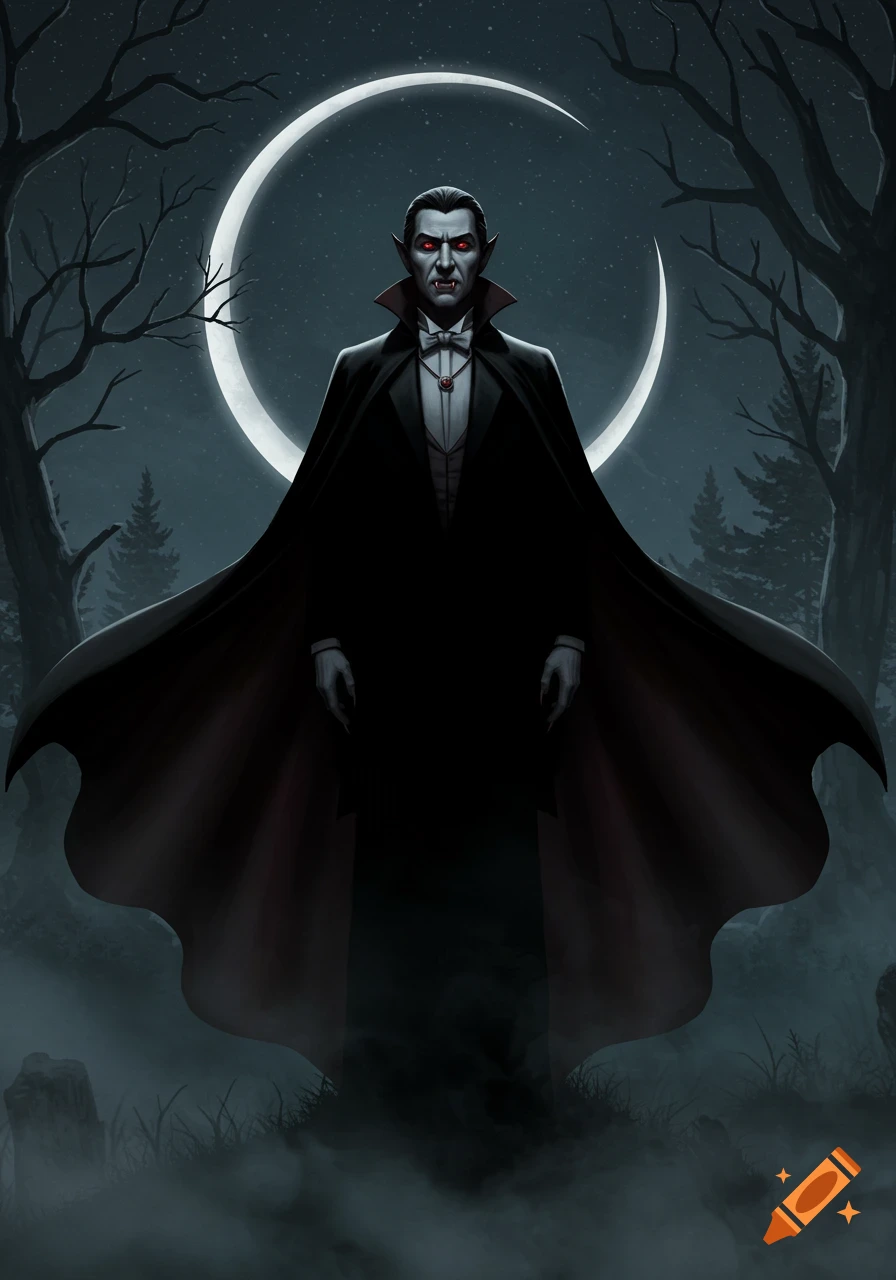 A pale vampire with fangs and glowing red eyes stands in dark, misty ...